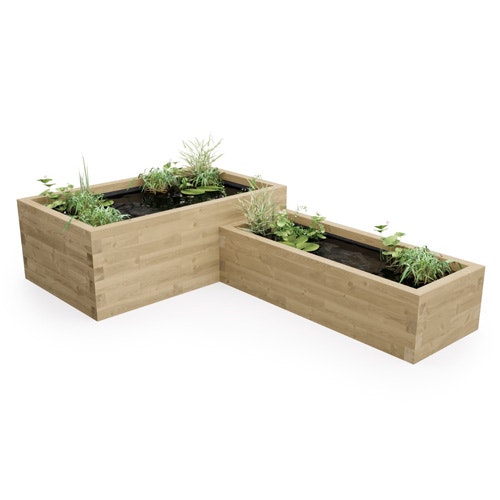 wooden raised pond blocks with aquatic plants