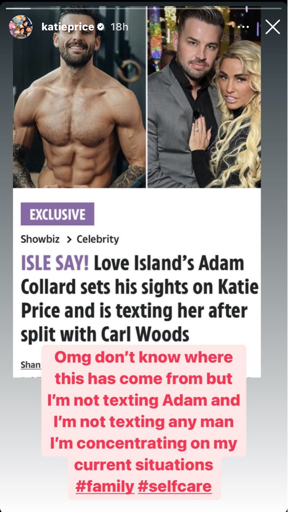 Katie Price speaks out over 'texting' Adam Collard rumours