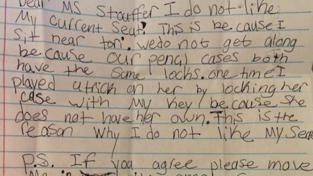 Child writes hilarious note to teacher asking for a seat change | Closer