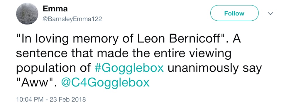 Gogglebox pays tribute to Leon Bernicoff in their latest episode
