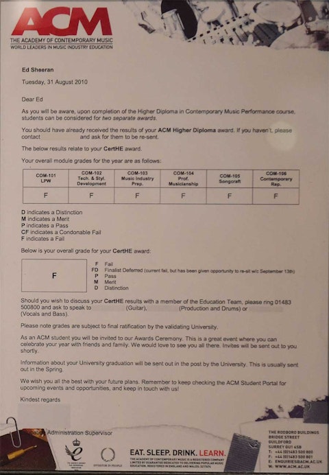 Ed Sheeran letter reveals he got straight ‘F’s in his music course ...